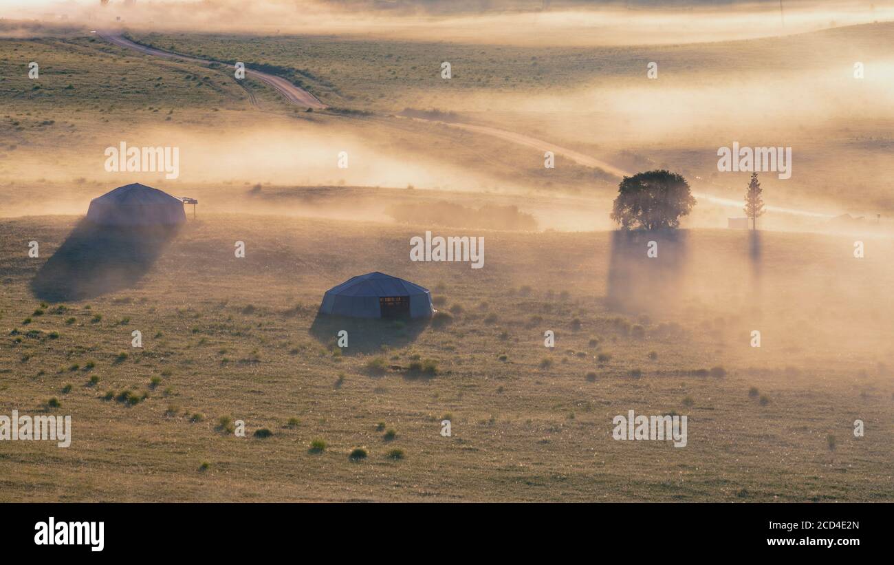 Aerial view of the advection fog at Wulan Butong Grassland in Chifeng ...