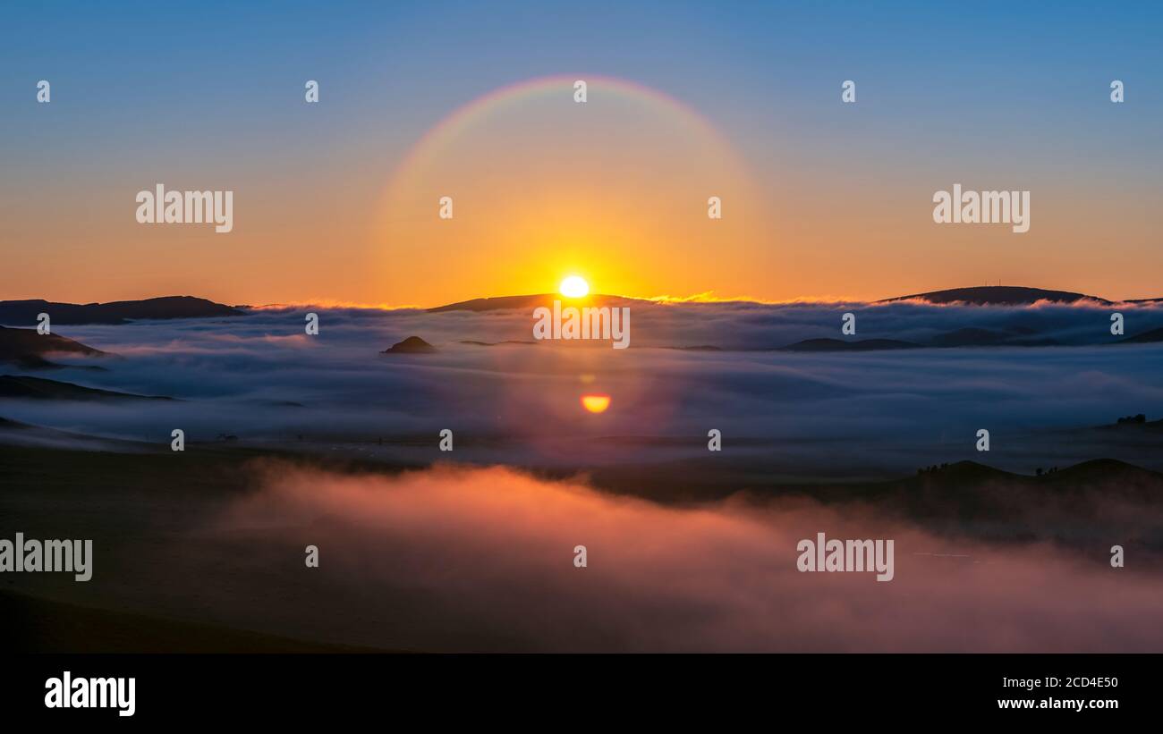 Aerial view of the advection fog at Wulan Butong Grassland in Chifeng ...