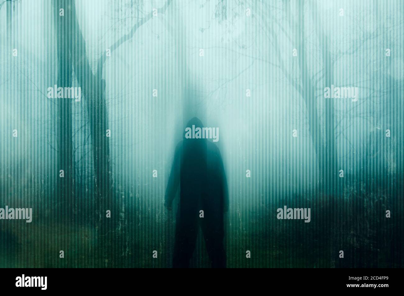 A spooky hooded figure standing in a forest. With a blurred, glitch ...