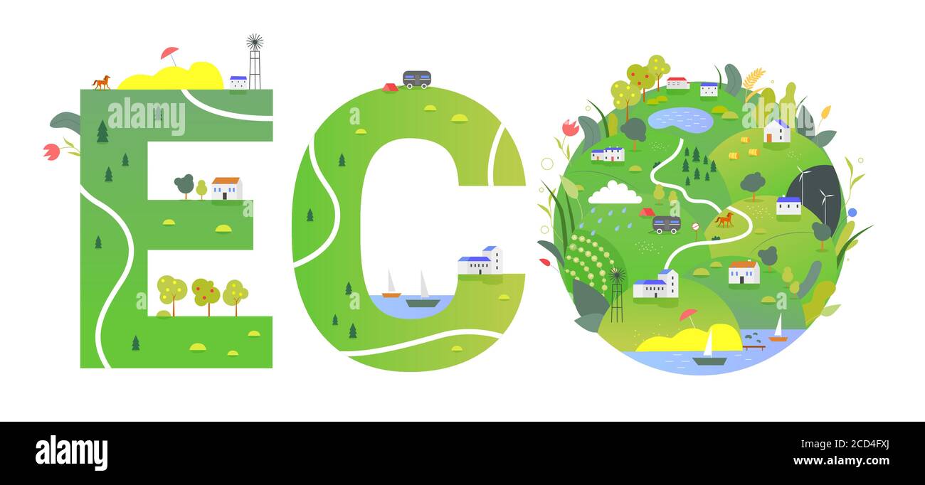 Eco word vector illustration. Cartoon flat green eco lettering with ...