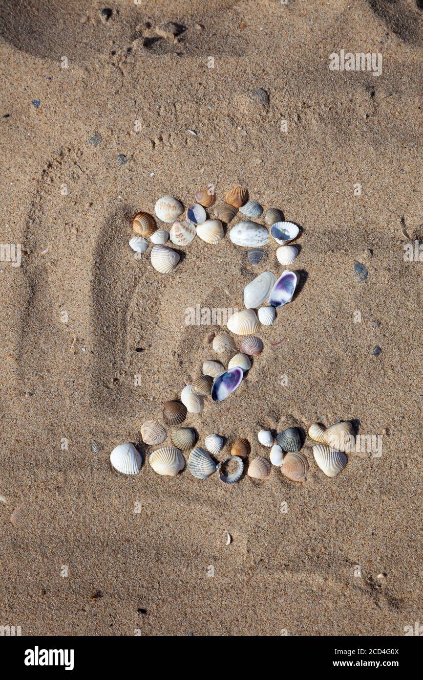 Number 2 laid out from seashells on the sand. Marine background. The ...