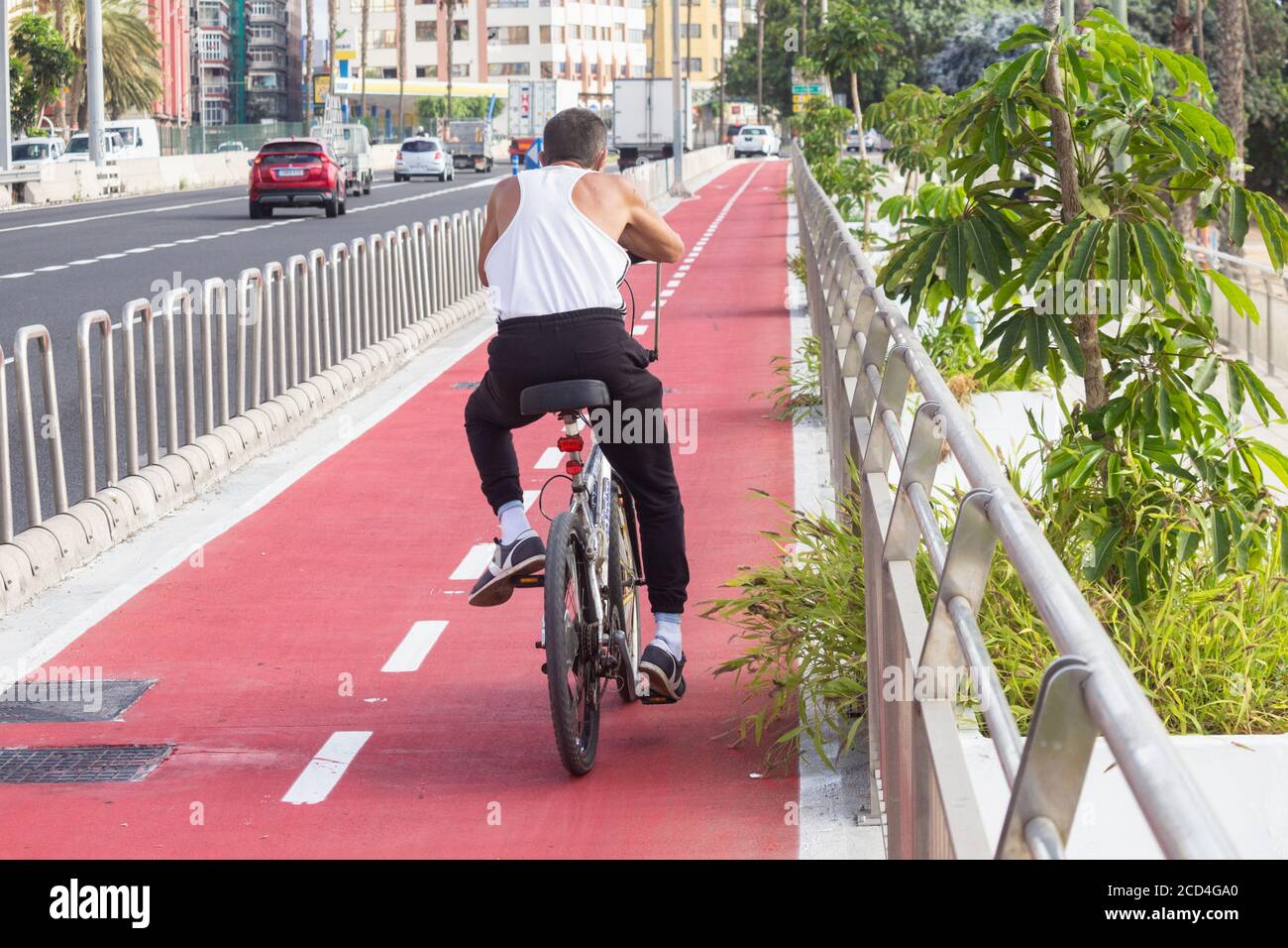Cycle path segregated from traffic in Las Palmas city on Gran Canaria ...