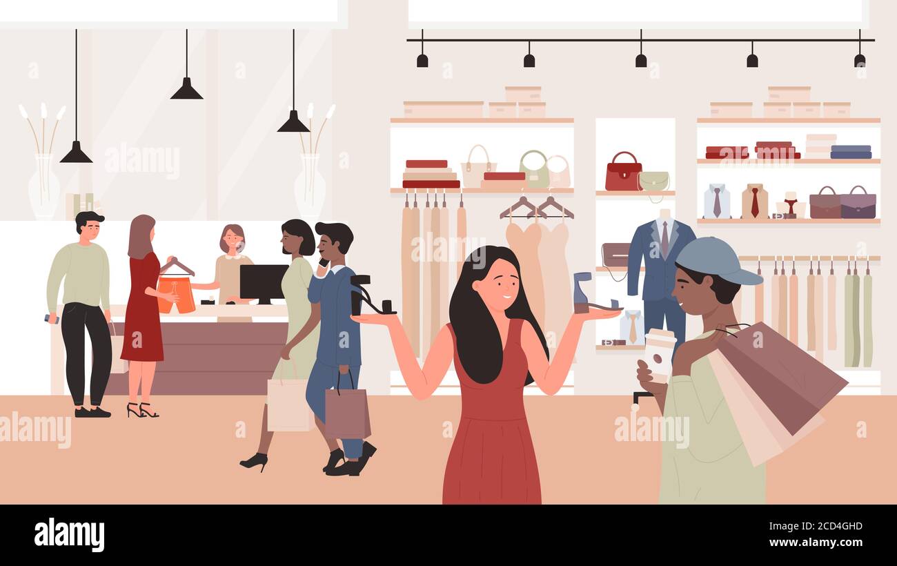 Fashion sales in clothing shop flat vector illustration. Cartoon man ...