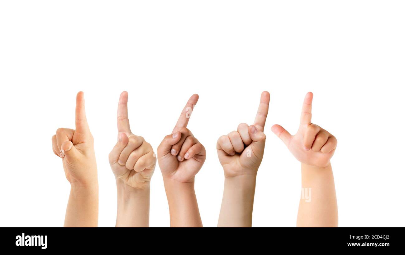 Pointing up. Kids hands gesturing isolated on white studio background ...