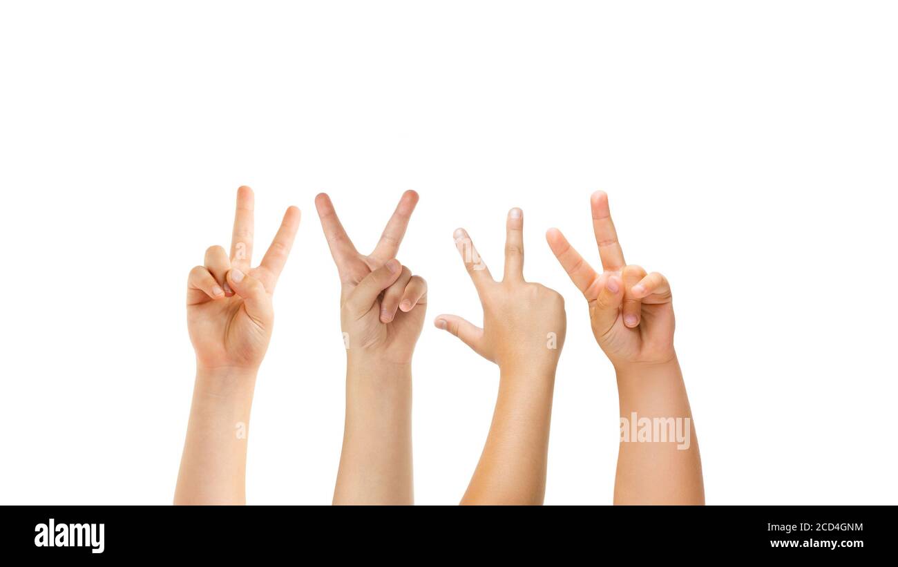 Peace, greeting. Kids hands gesturing isolated on white studio ...
