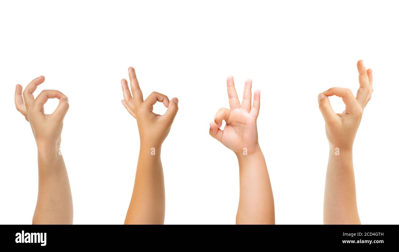 Nice sign. Kids hands gesturing isolated on white studio background ...