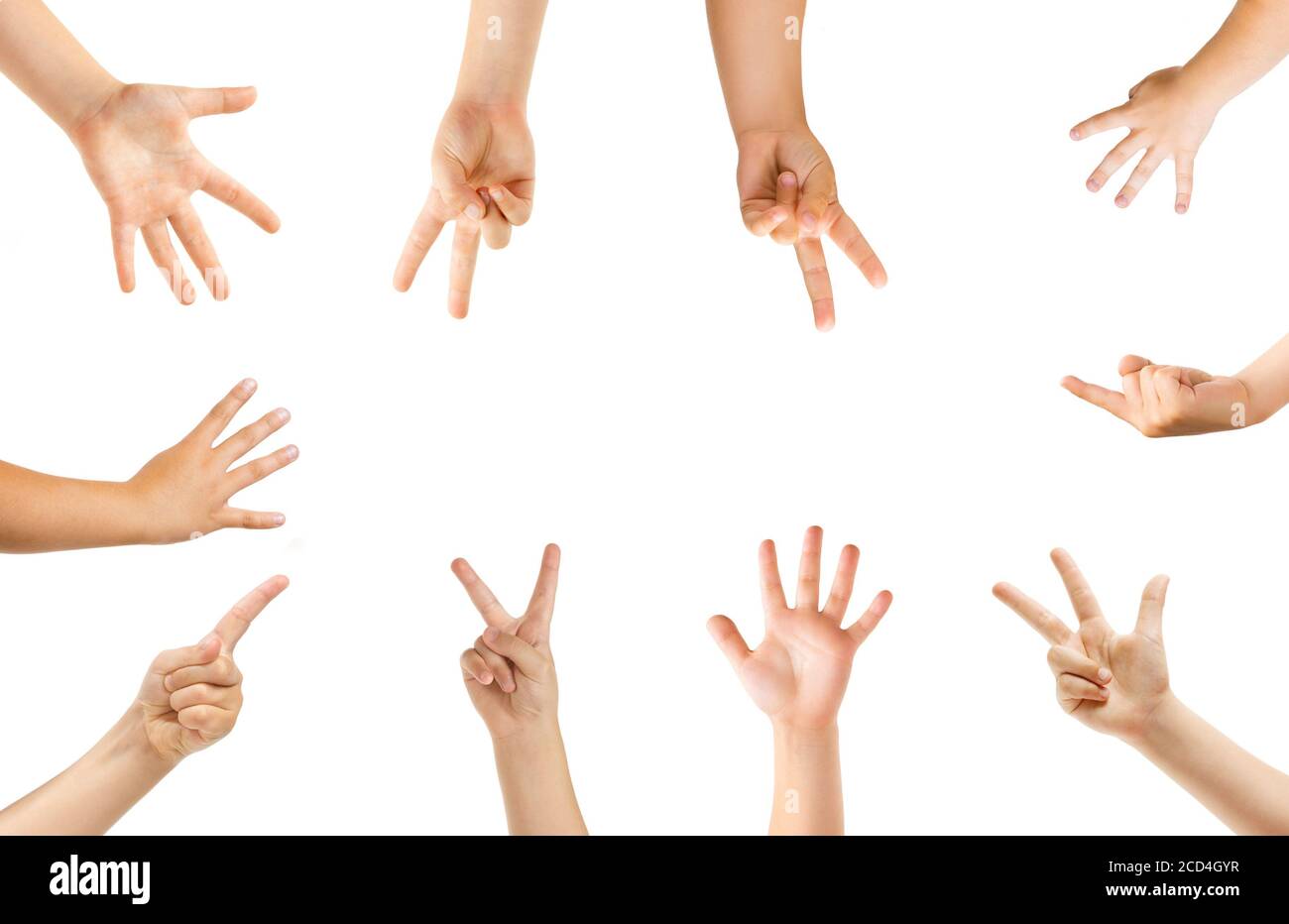 Pointing in center. Kids hands gesturing isolated on white studio ...