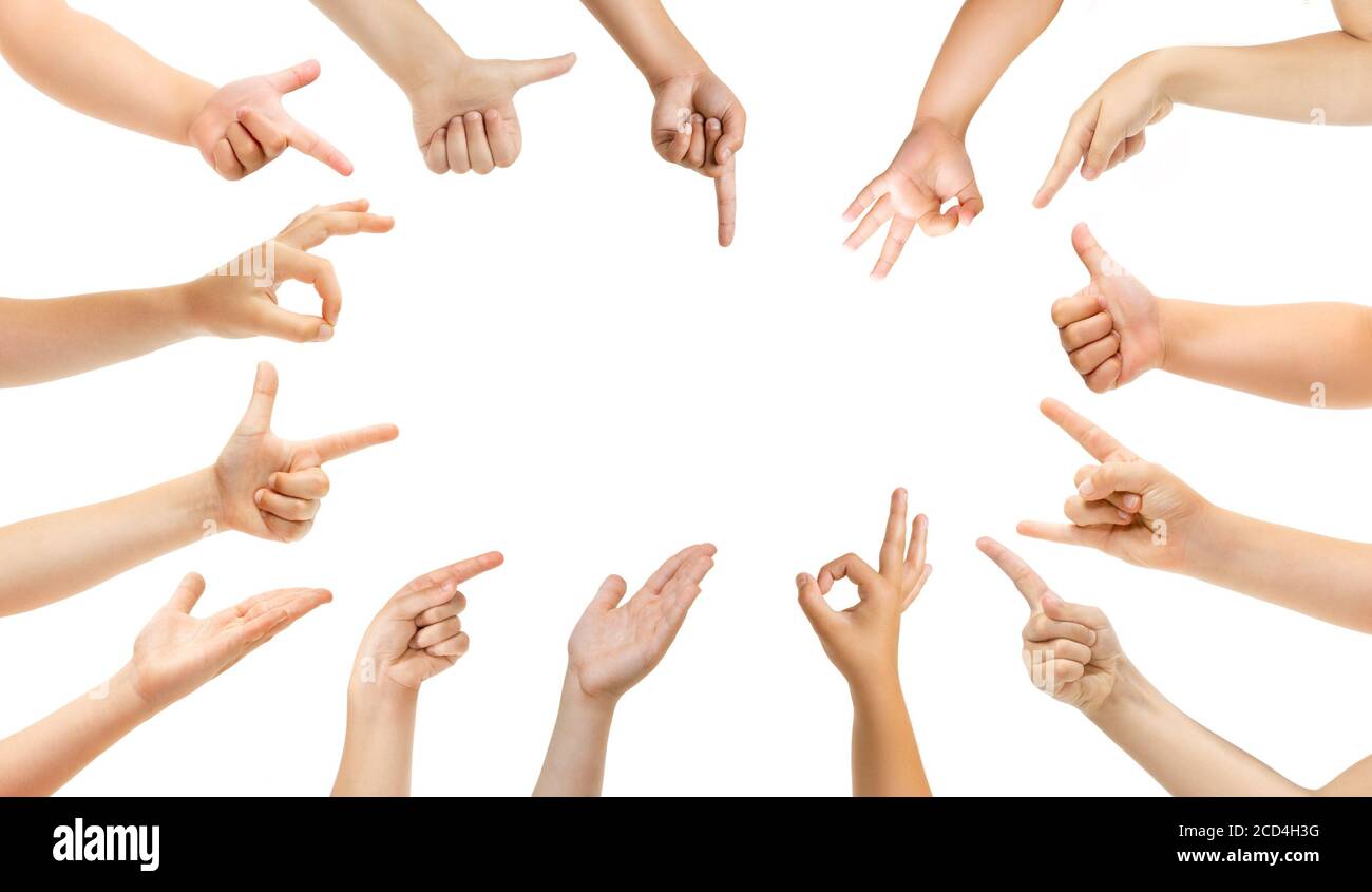 Nice, rock, good. Kids hands gesturing isolated on white studio ...