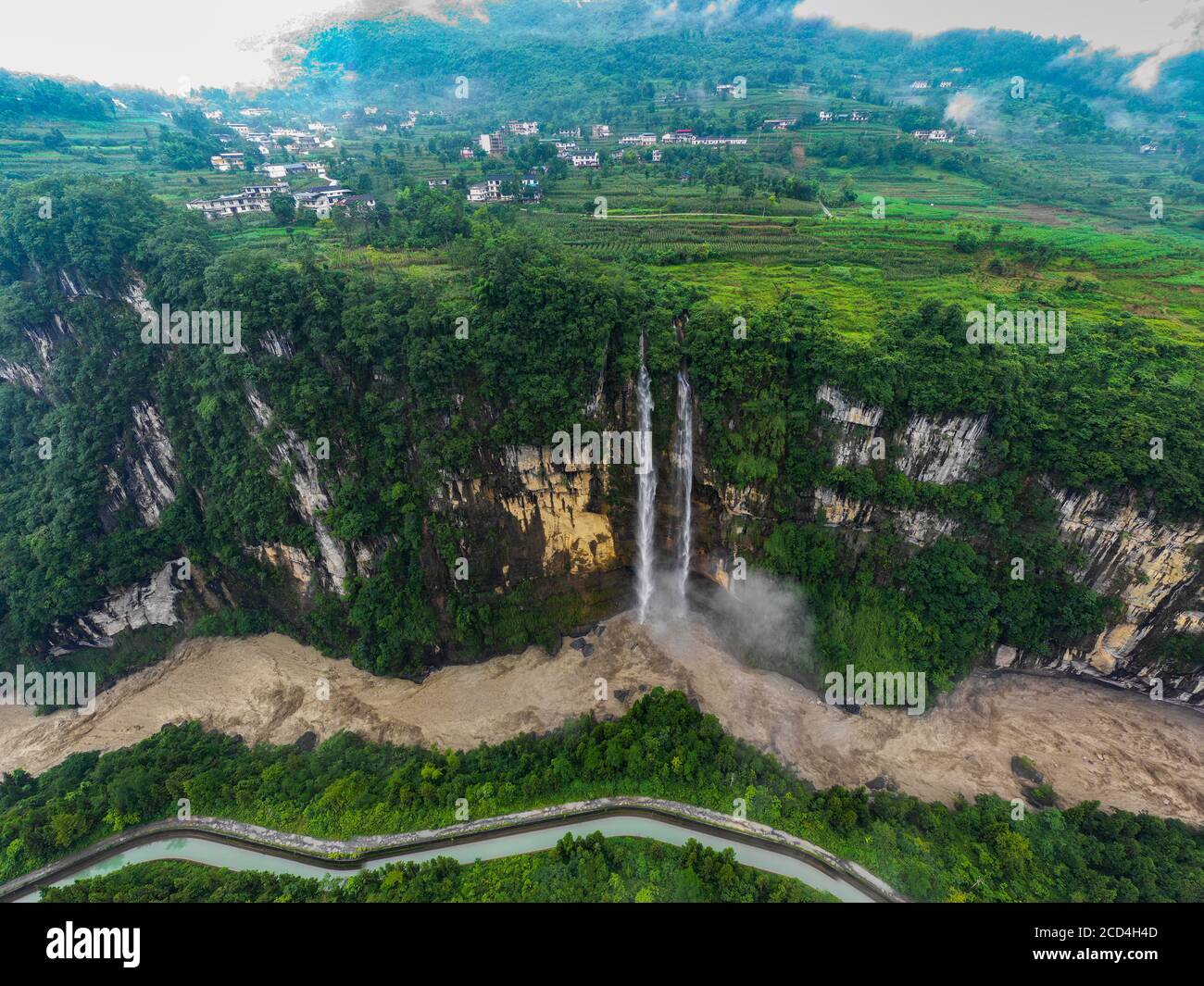 Aerial view of Qingjiang River turning into yellow due to landslide ...