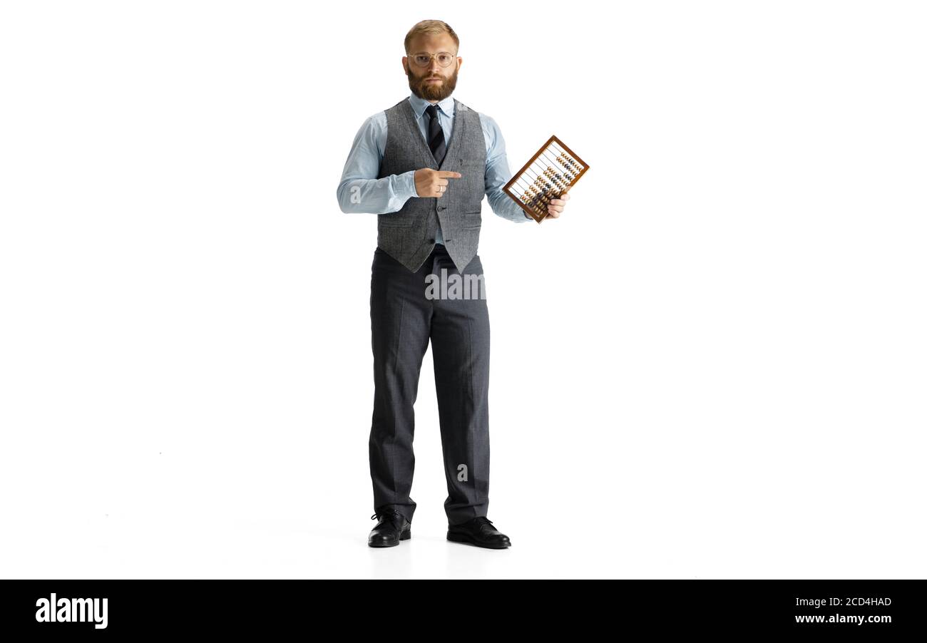 Cheerful handsome businessman isolated over white studio background ...