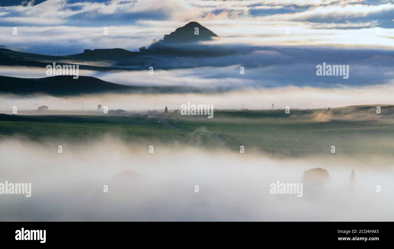 Aerial view of the advection fog at Wulan Butong Grassland in Chifeng ...