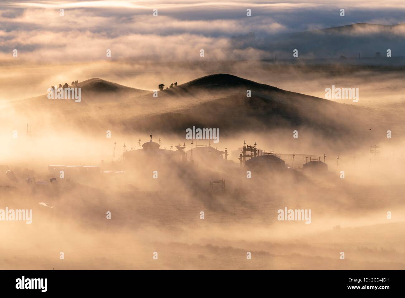 Aerial view of the advection fog at Wulan Butong Grassland in Chifeng ...