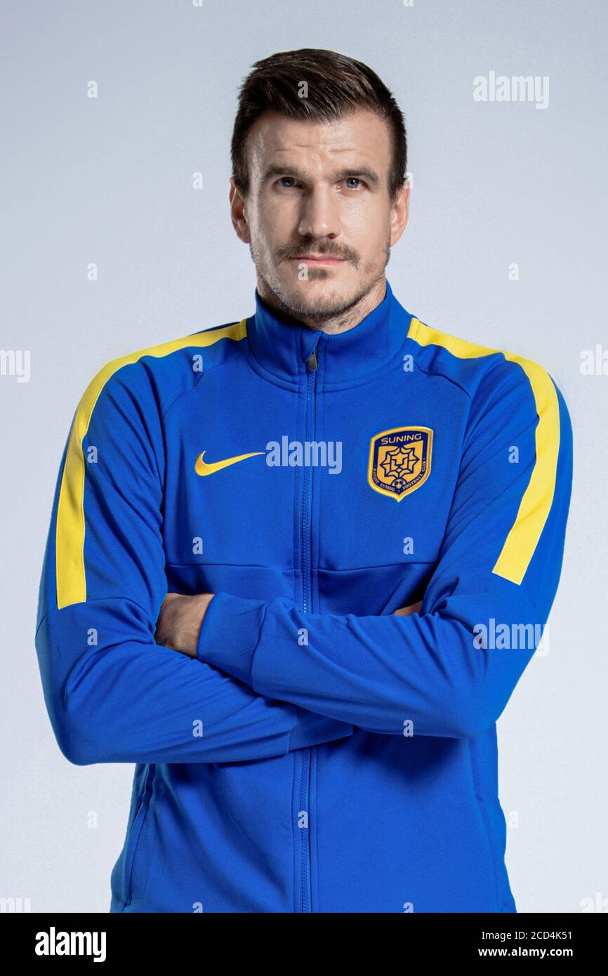 Croatian football player Ivan Santini of Jiangsu Suning F.C. poses to ...