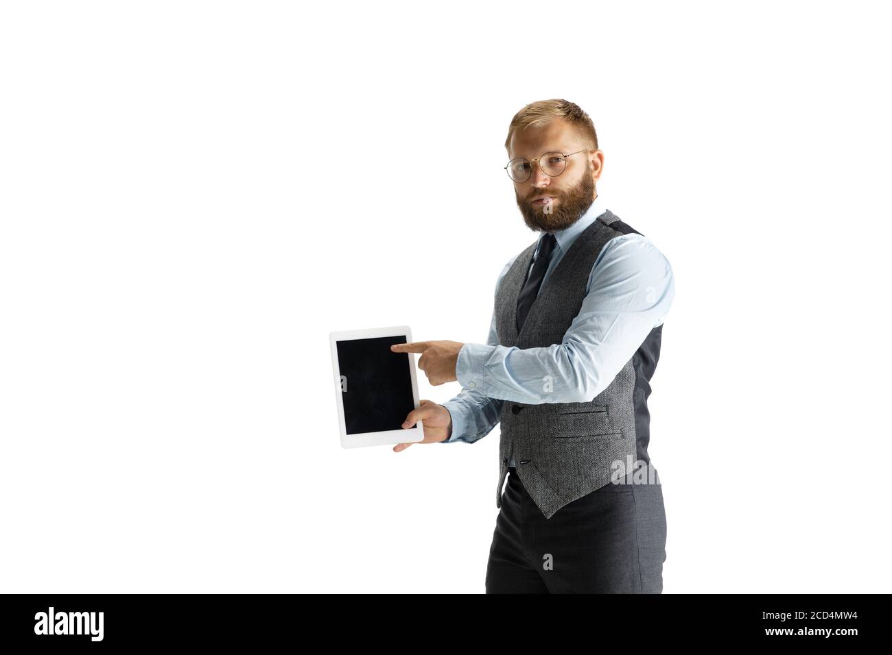 Cheerful handsome businessman isolated over white studio background ...