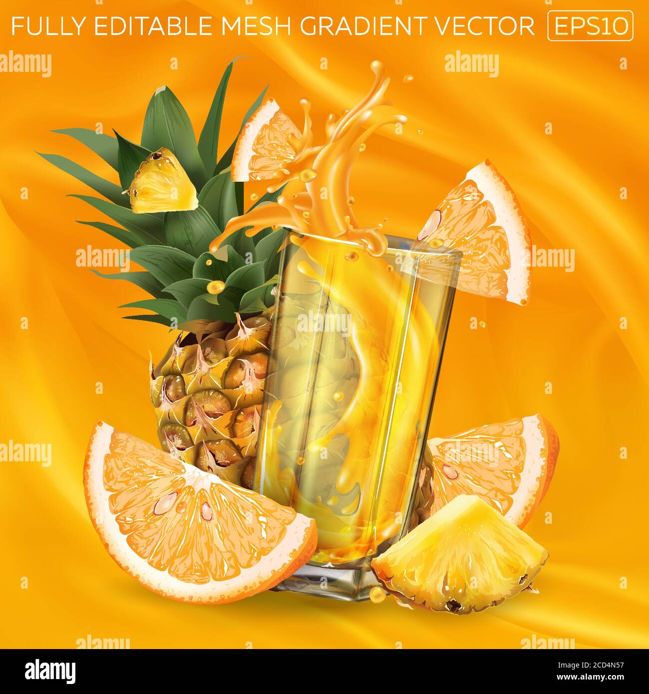Pineapple, orange and a glass of splashing juice on a background of ...