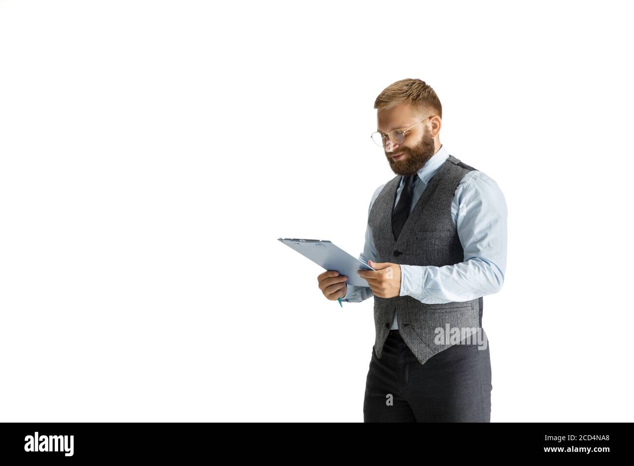 Cheerful handsome businessman isolated over white studio background ...