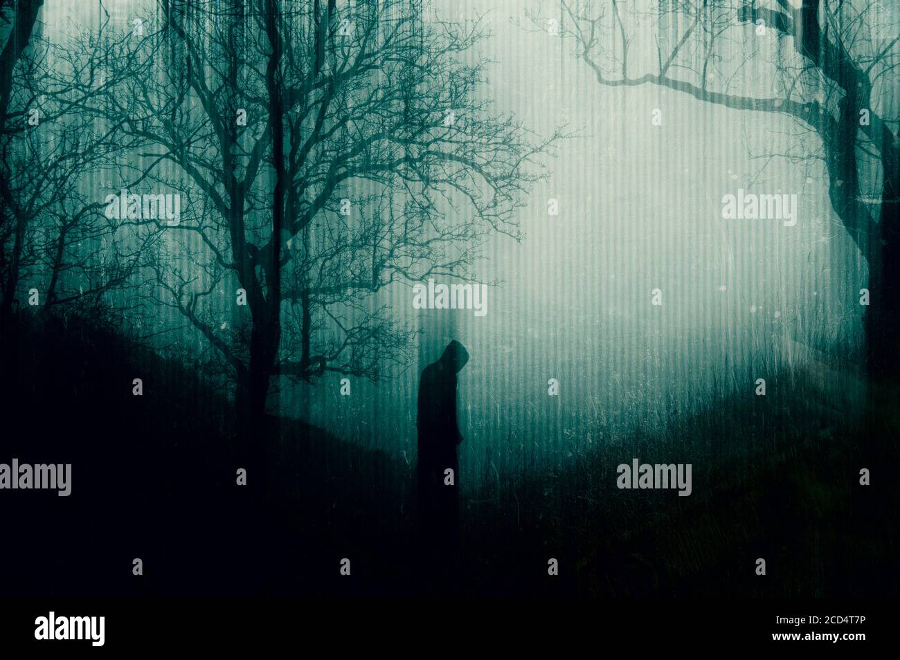 A spooky hooded figure standing in a forest. With a blurred, glitch ...