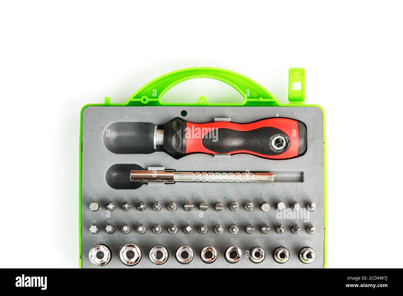 Tool box with attachments and bits of different shapes and sizes ...