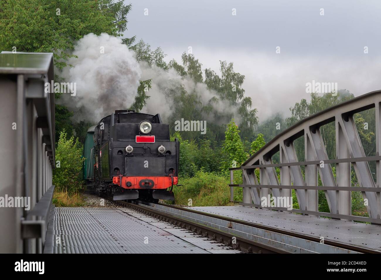 Steam engine locomotive train ride on narrow gauge track on rain bridge ...