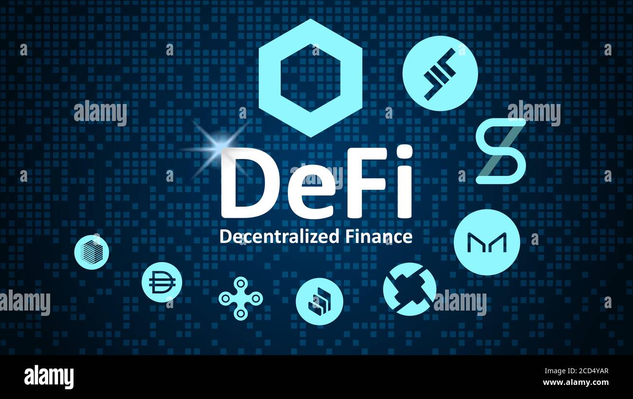 Defi - decentralized finance and altcoins in spiral. Logos of the main ...