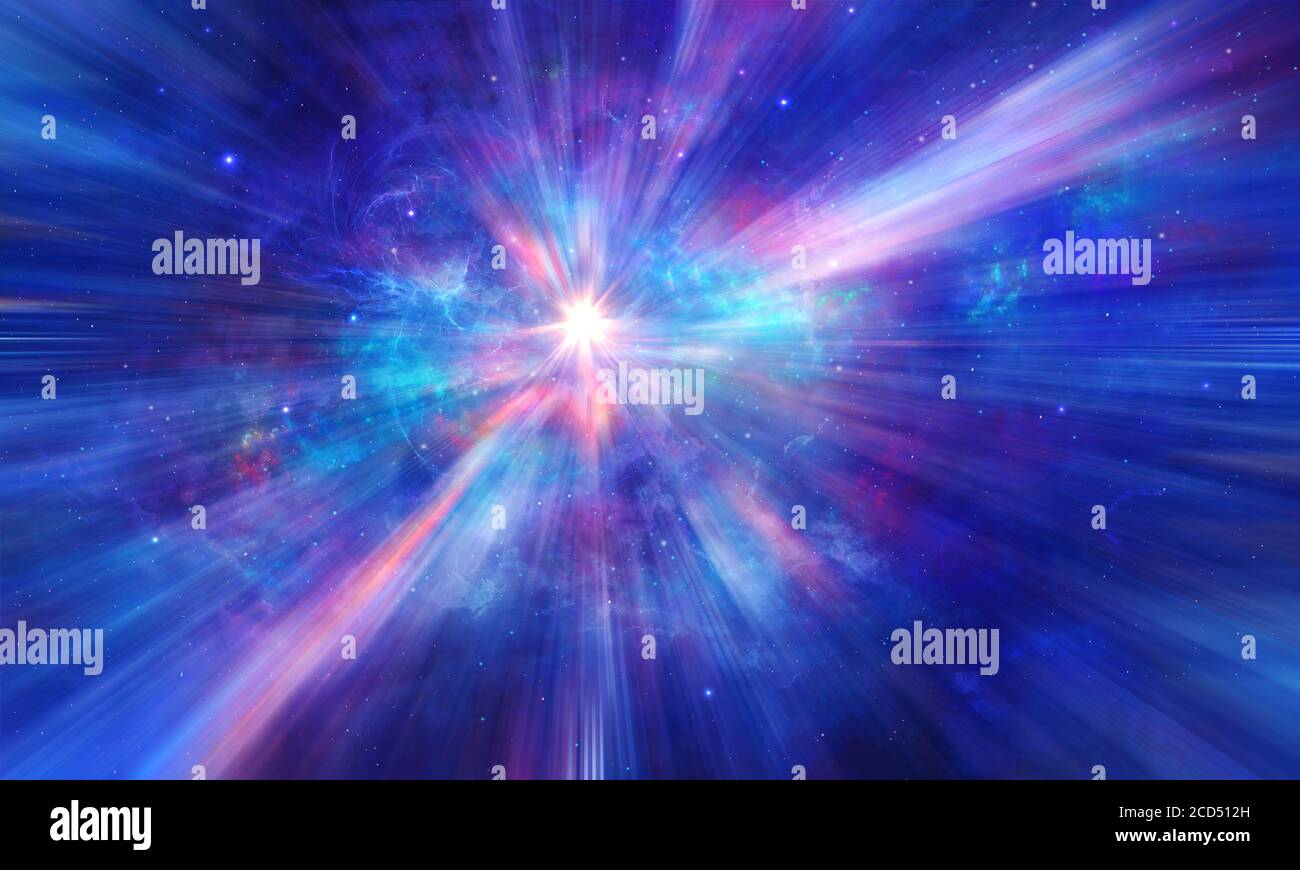 Space background. Exploding star, sun in colorful blue nebula with ...