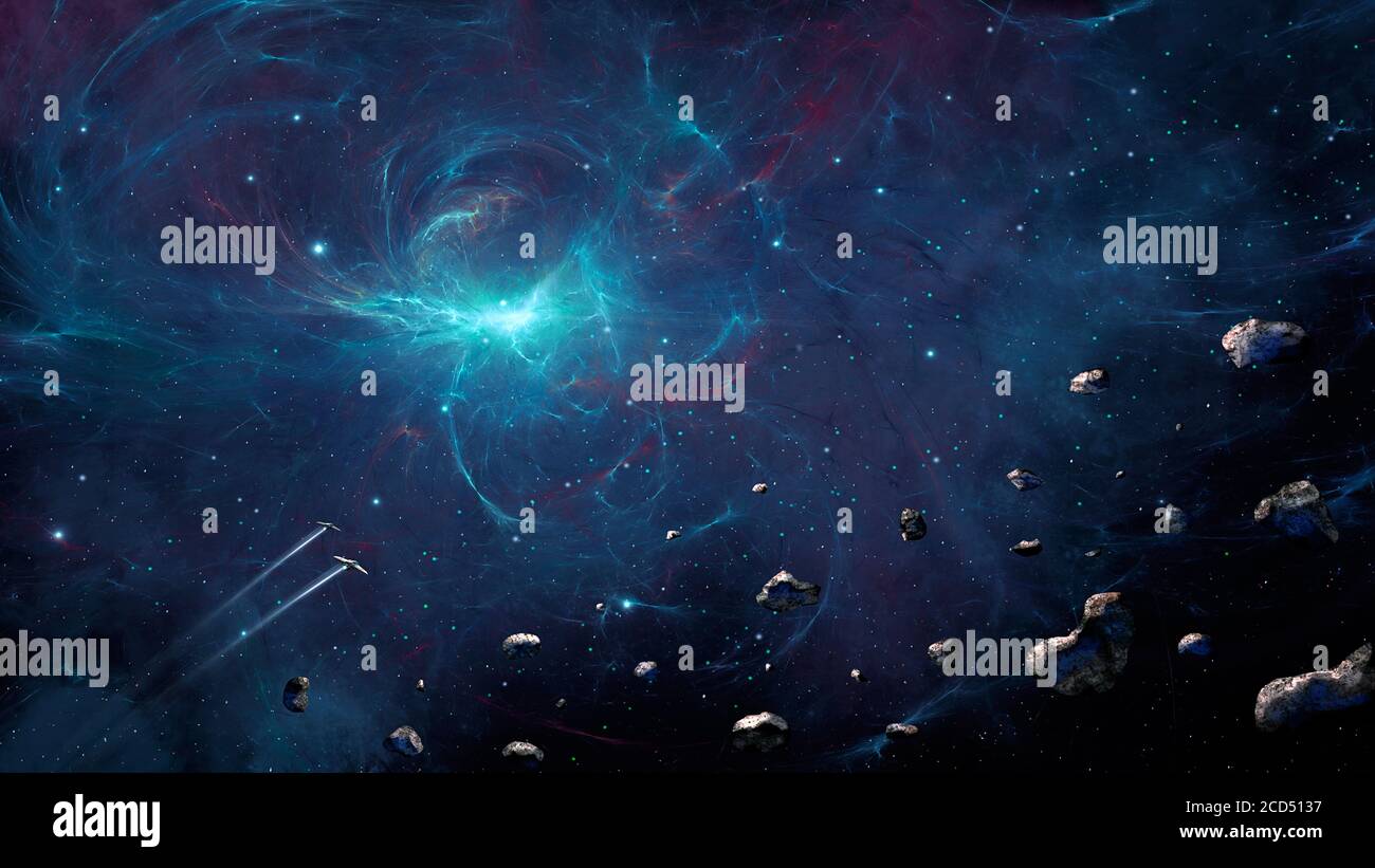 Space background. Spaceship fly through colorful nebula with asteroid. Elements furnished by ...