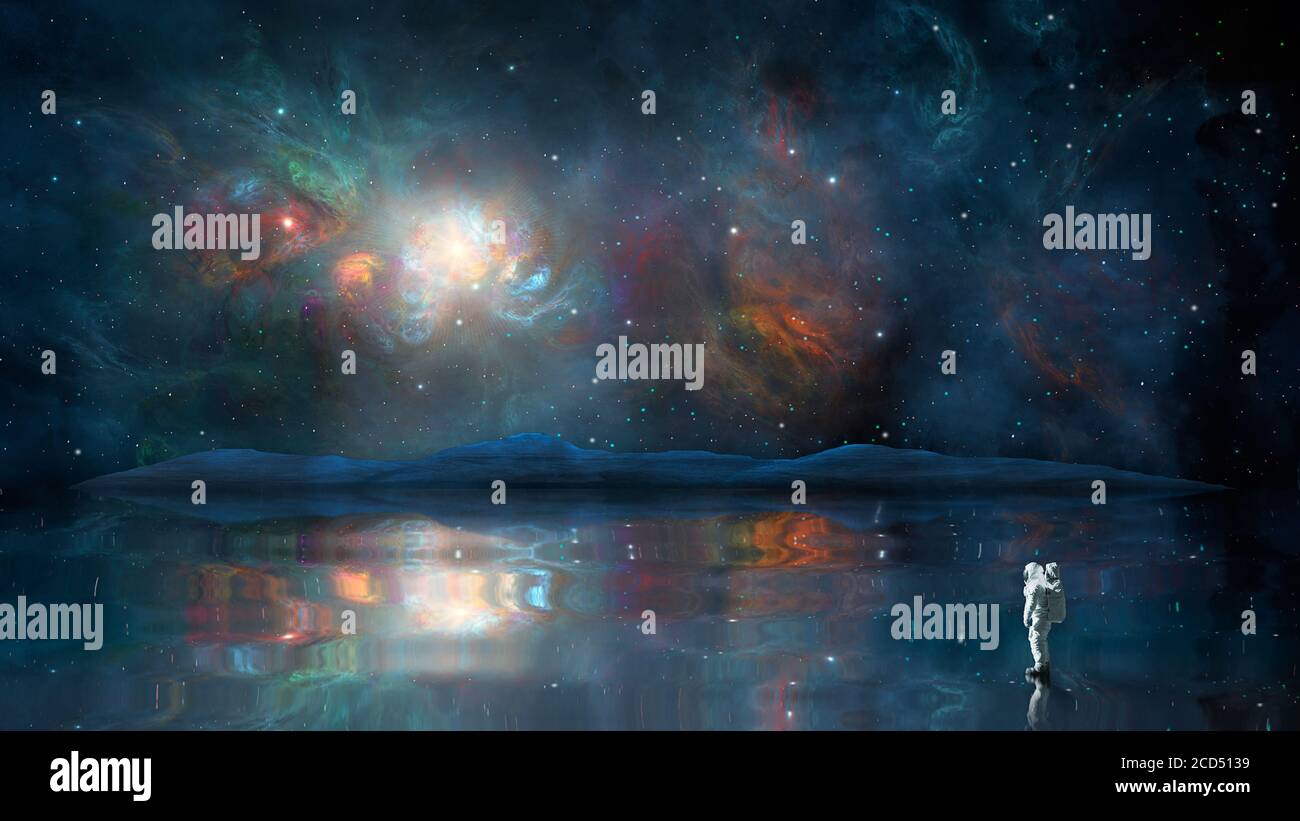 Space background. Astronaut stand on reflection surface with distant ...