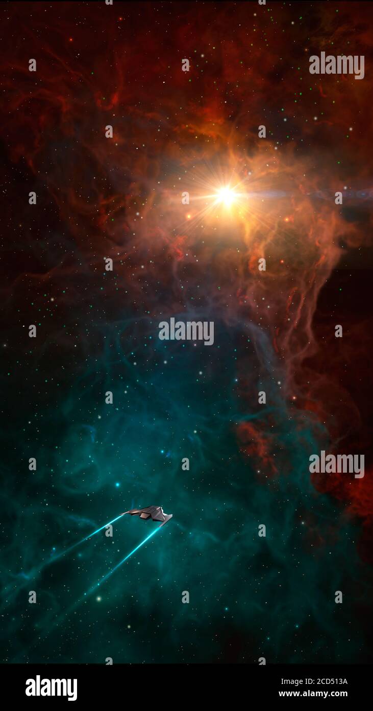 Space vertical background. Spaceship fly in colorful nebula. Elements ...