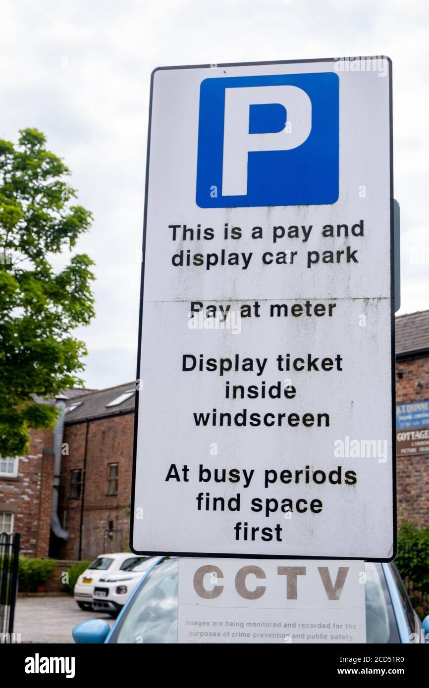 Pay and display sign in council car park in Ormskirk Lancashire June ...