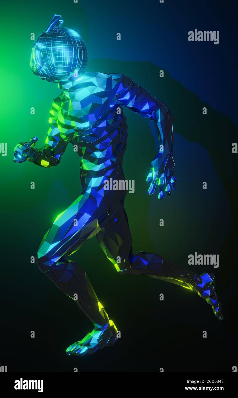 Low polygonal metal robot running on blue and green background ...