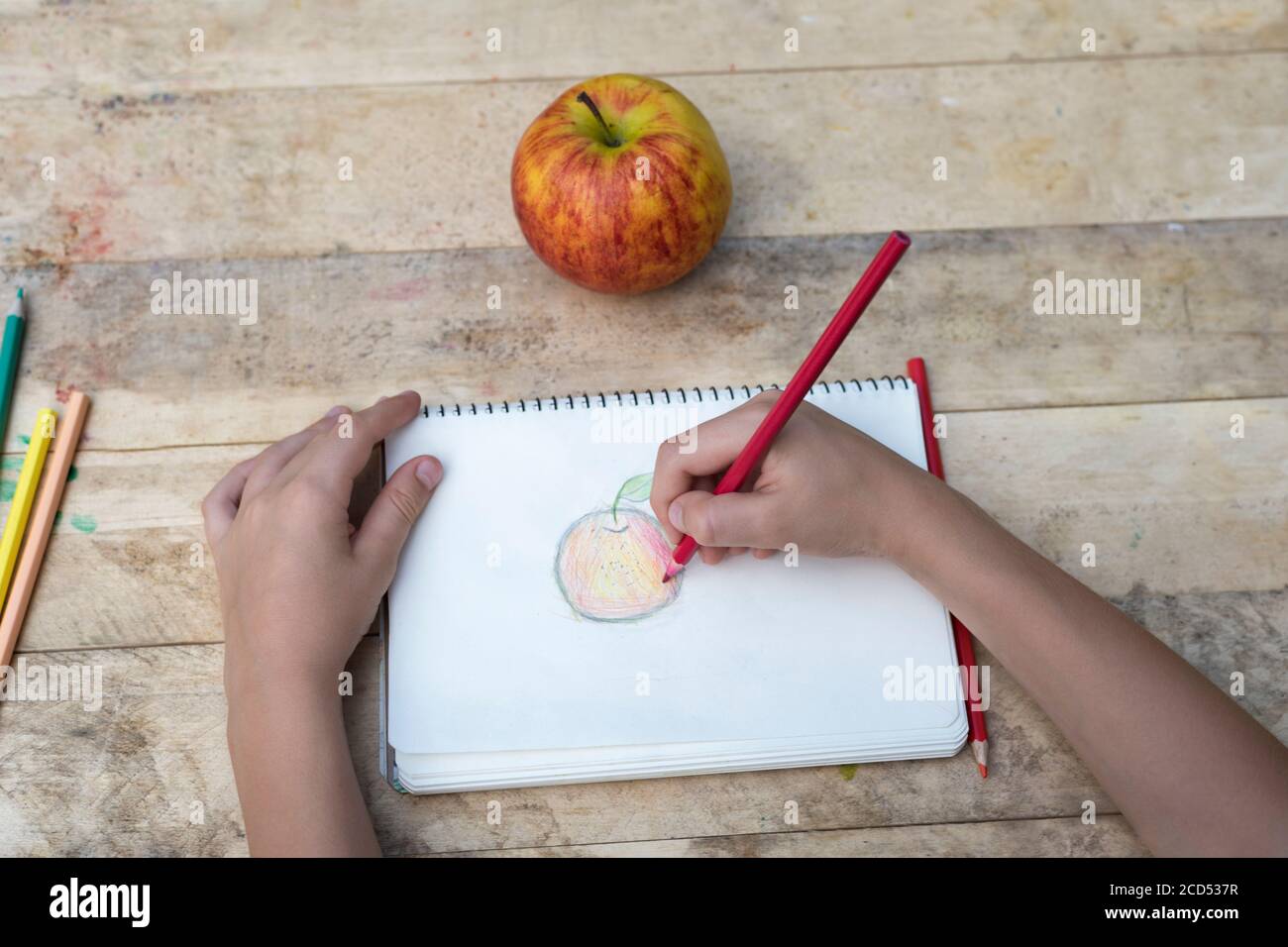 Children's hands draw an apple with colored pencils. Top view Stock ...
