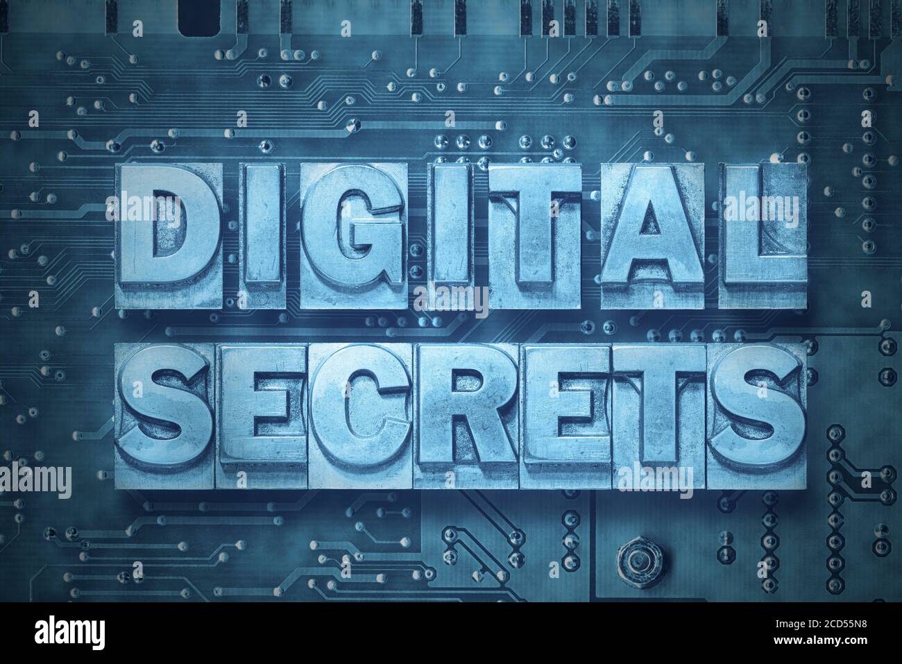 digital secrets phrase made from metallic letterpress blocks on the pc ...