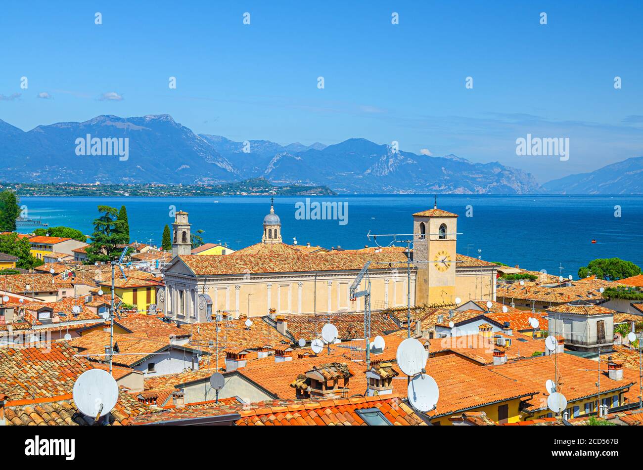 Aerial view of Desenzano del Garda town with bell tower of Duomo di ...