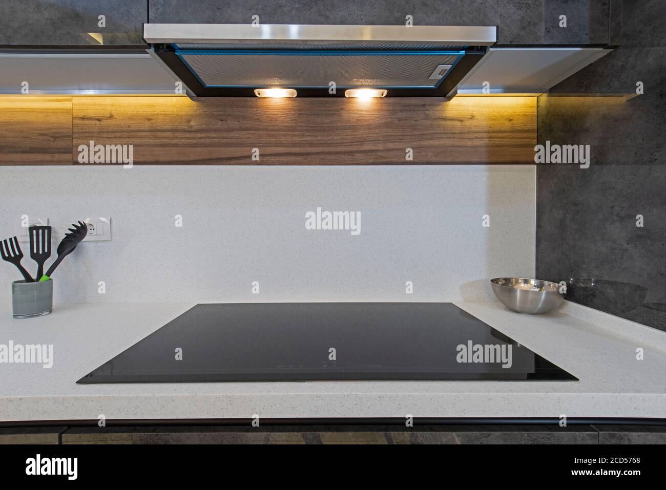 Interior design decor showing modern kitchen cooker hob in luxury ...