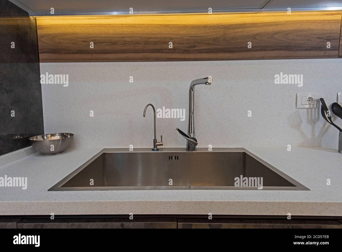 Interior design decor showing modern kitchen sink in luxury apartment ...