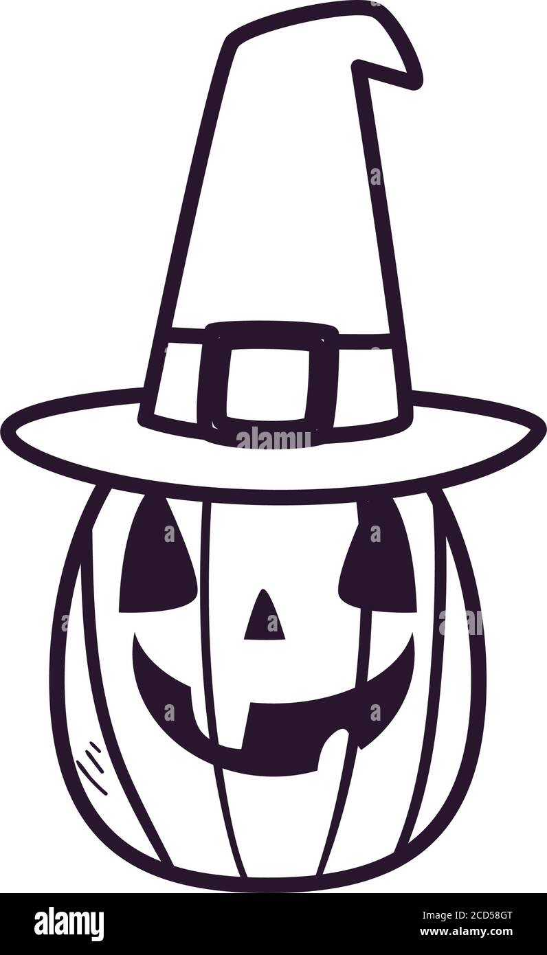 Halloween pumpkin cartoon with hat free form line style icon design ...