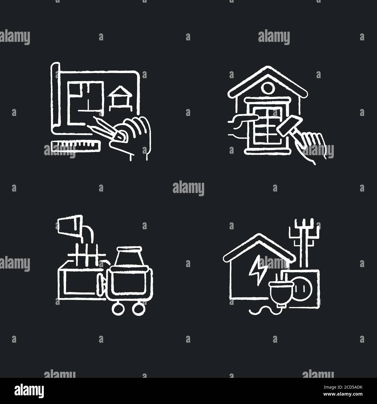 House foundation chalk white icons set on black background Stock Vector ...