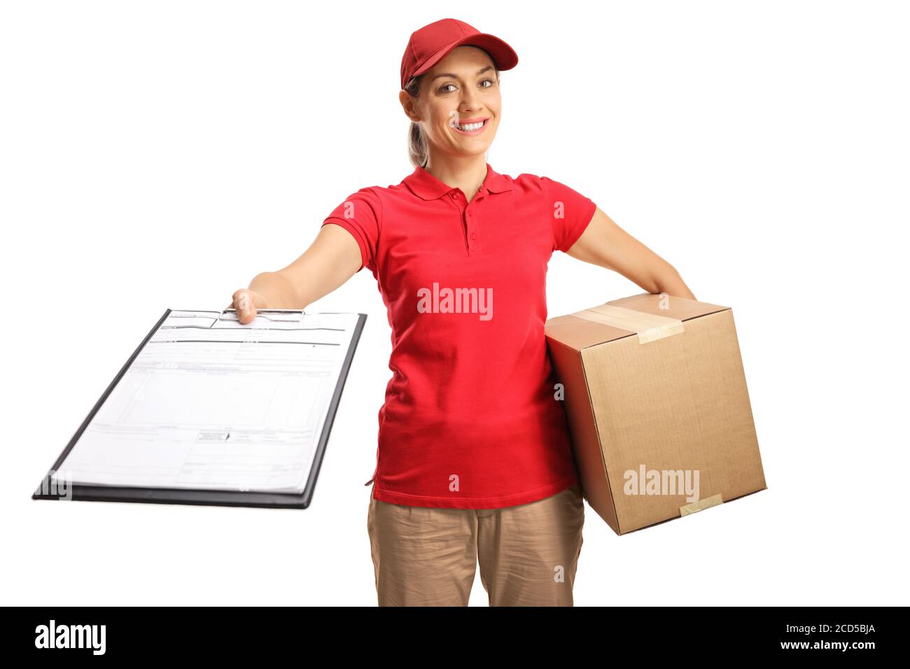 Female delivery worker with a box and a document isolated on white ...