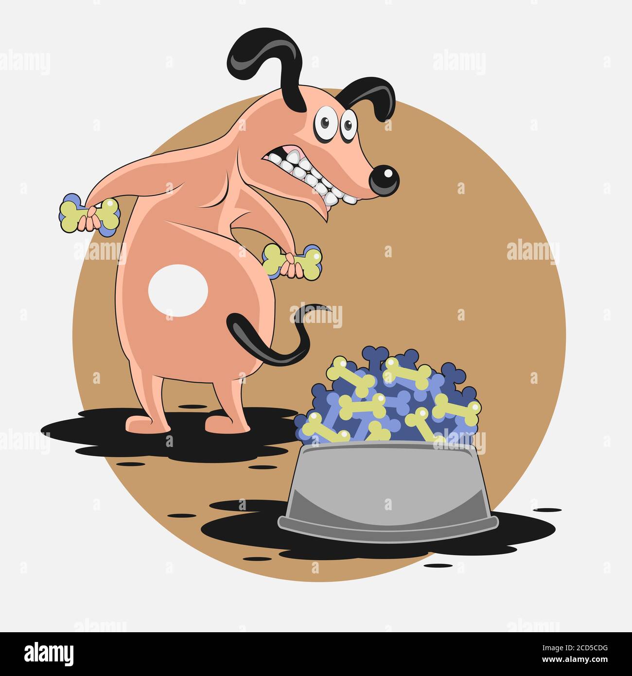 Dog cartoon character bones in a bowl on a white isolated background ...