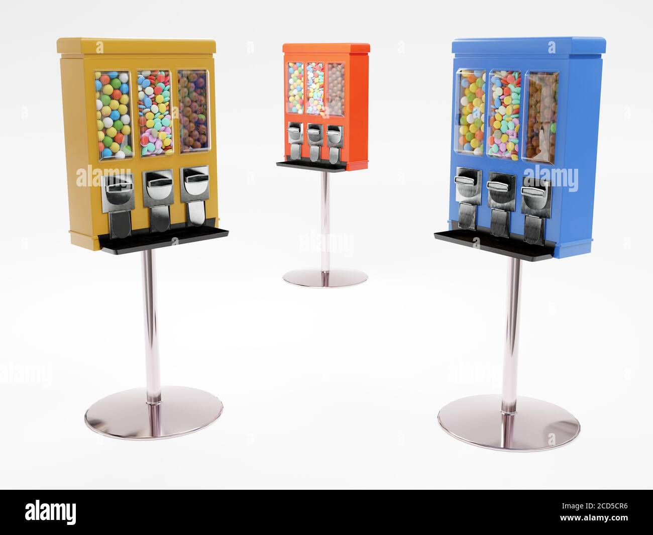 3D rendering of yellow red and blue vending machines with colorful ...