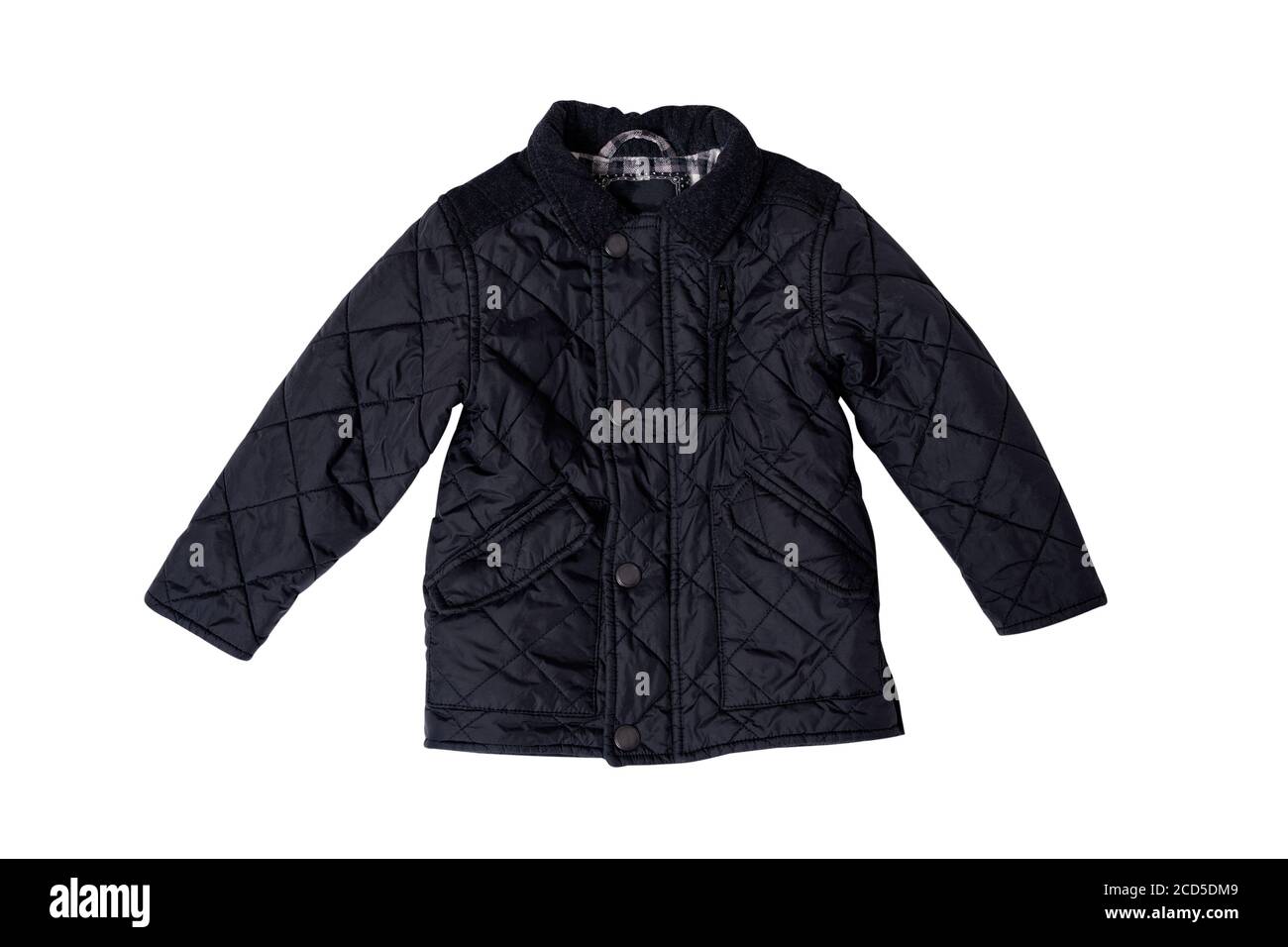 Black kids quilted jacket flat lay. Fashion concept. Isolate on white ...