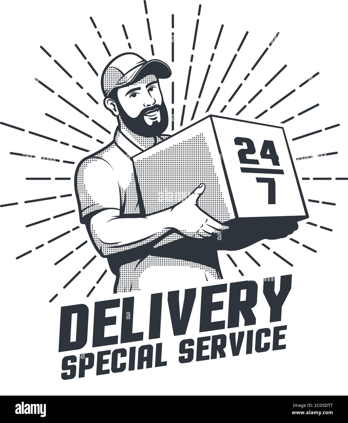 Delivery service retro logo. Bearded courier with box - vintage emblem ...