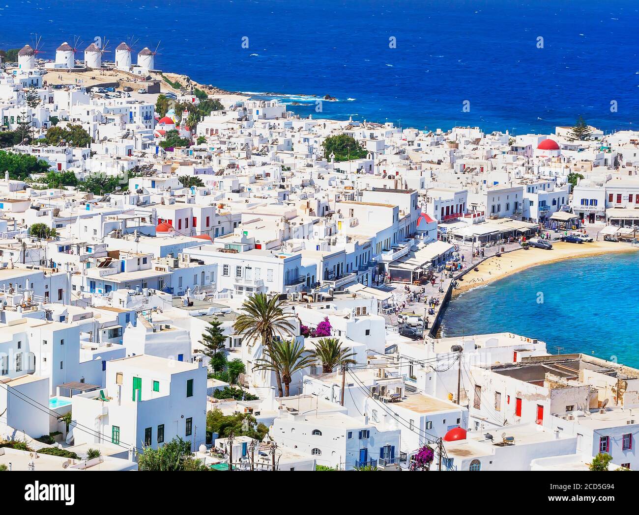 Mykonos Town and old harbour, elevated view, Mykonos, Cyclades Islands ...