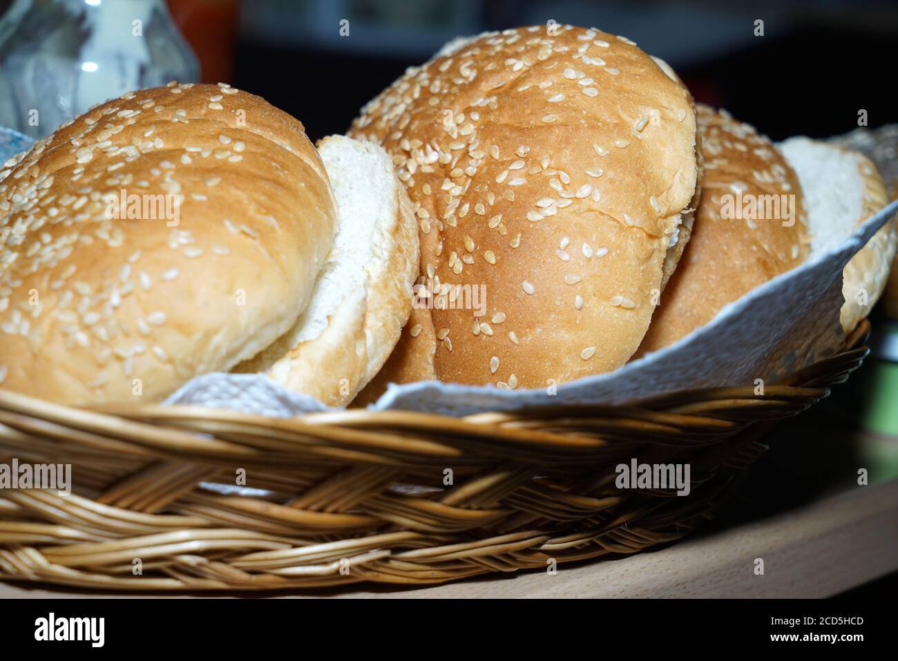 Closeup shot of burger bread buns in a basket Stock Photo - Alamy