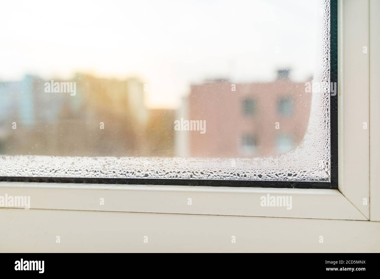Close up of a defective plastic window with condensation. Poor ...