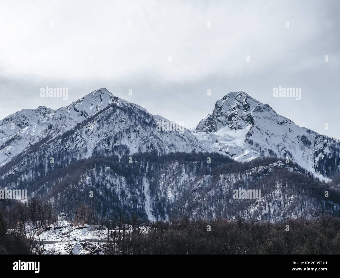 Snow-capped rocky mountains with wooded mountains in the foreground ...