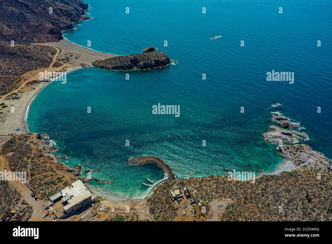 Aerial view of the desert next to the sea and bay of San Carlos, Sonora ...