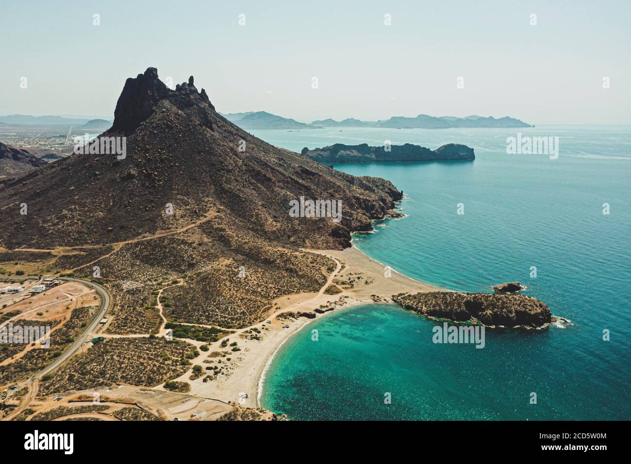 Aerial view of the desert next to the sea and bay of San Carlos, Sonora ...