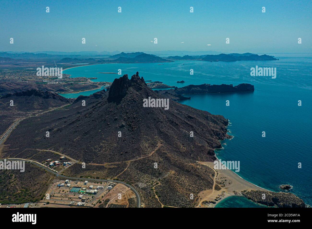 Aerial view of the desert next to the sea and bay of San Carlos, Sonora ...