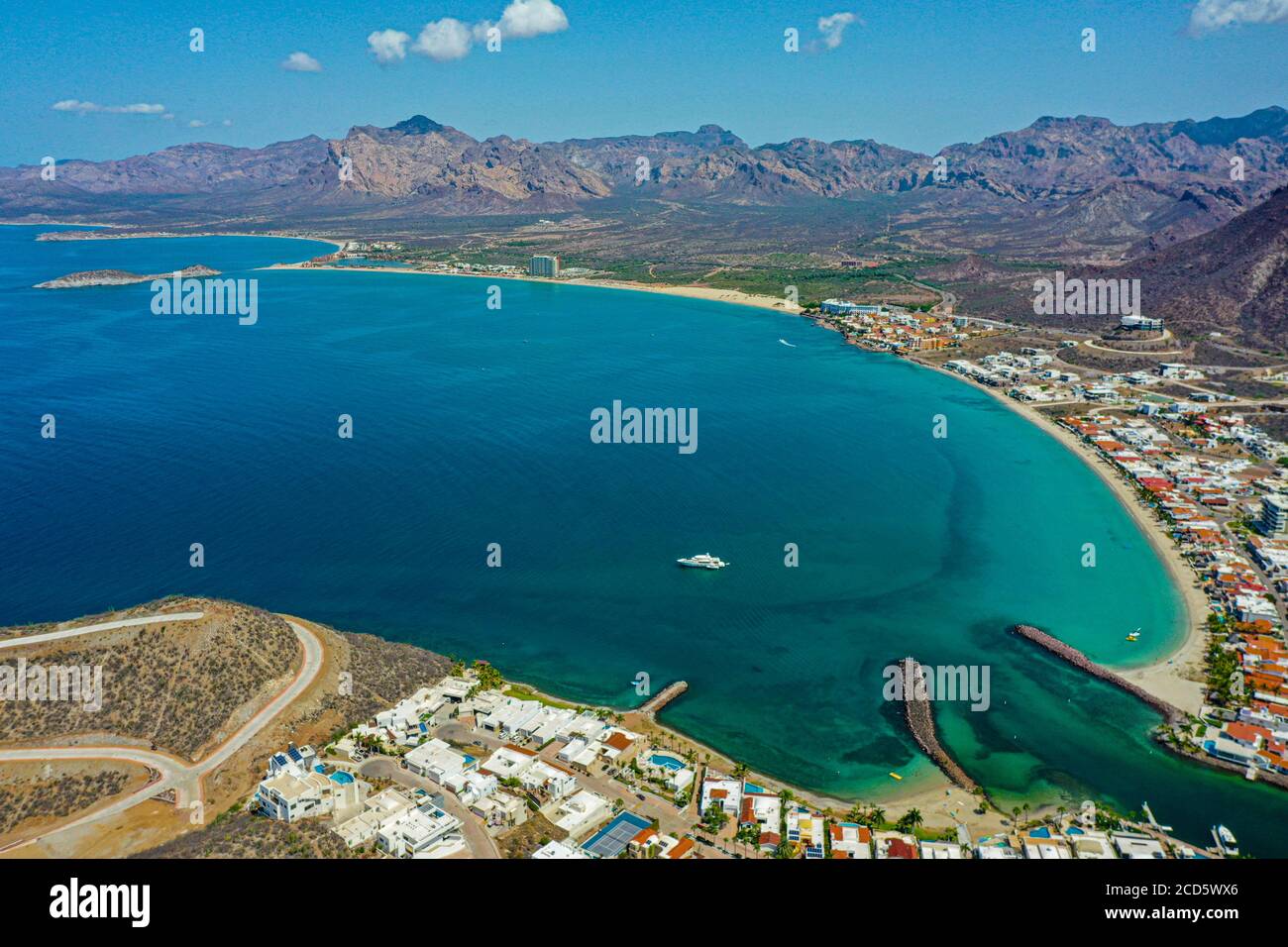 Aerial view of the desert next to the sea and bay of San Carlos, Sonora ...